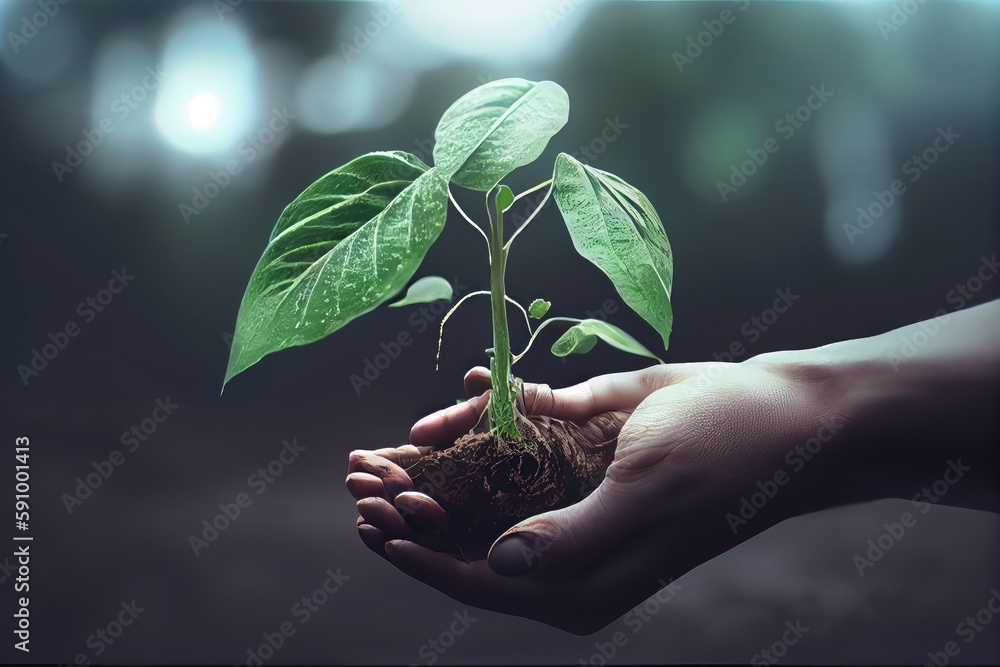 hand holding a frail plant and taking care of a seedling in the soil ...