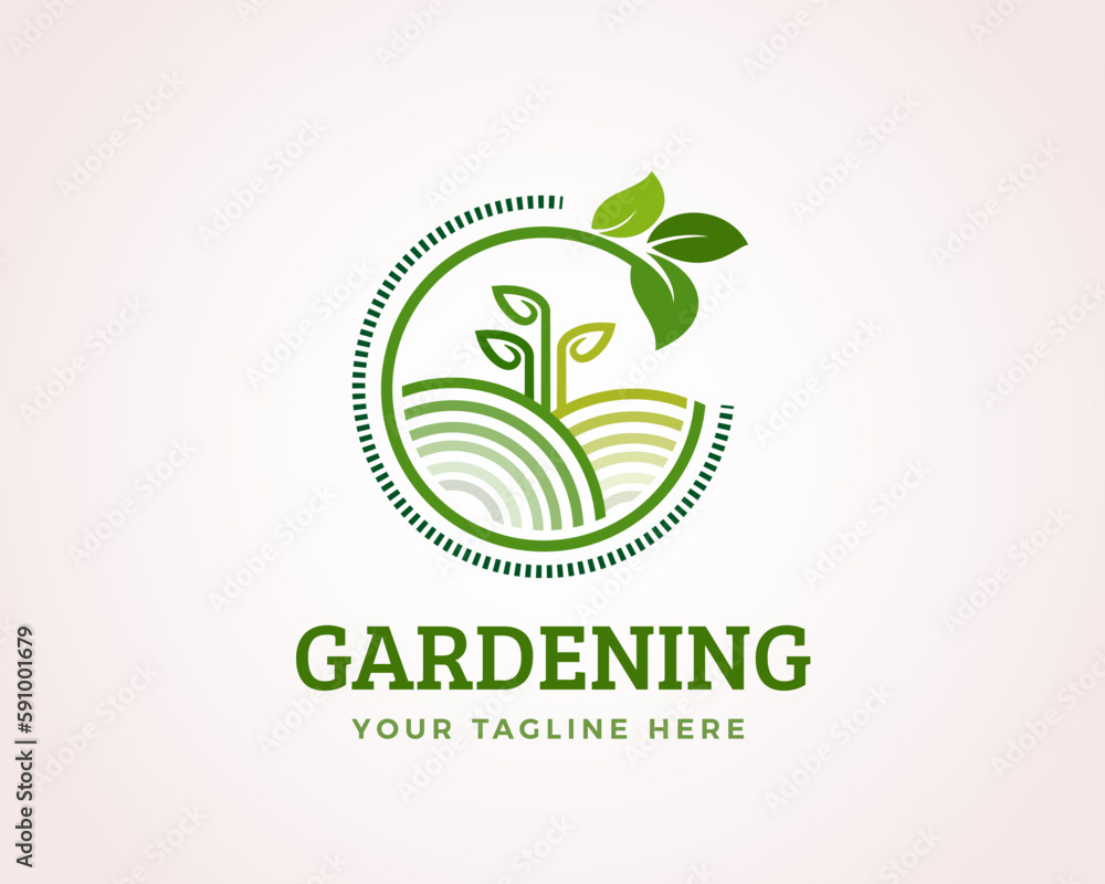 vintage line art style gardening green leaf logo design template ...