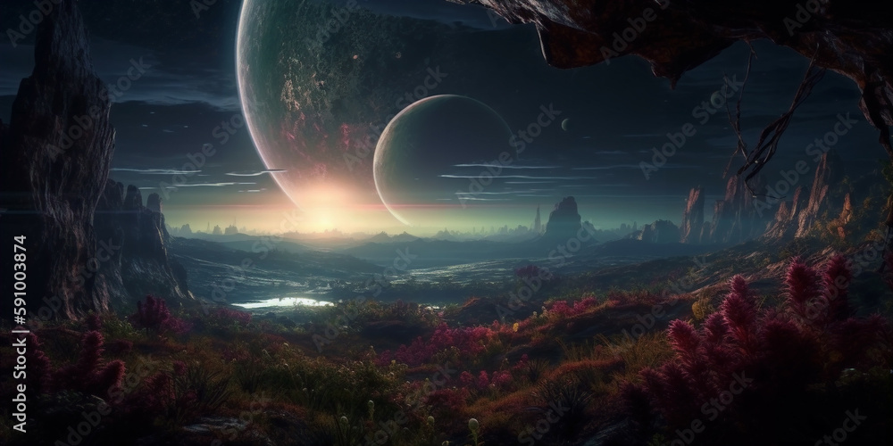 distant planet, other moons and planets are visible in the distance ...