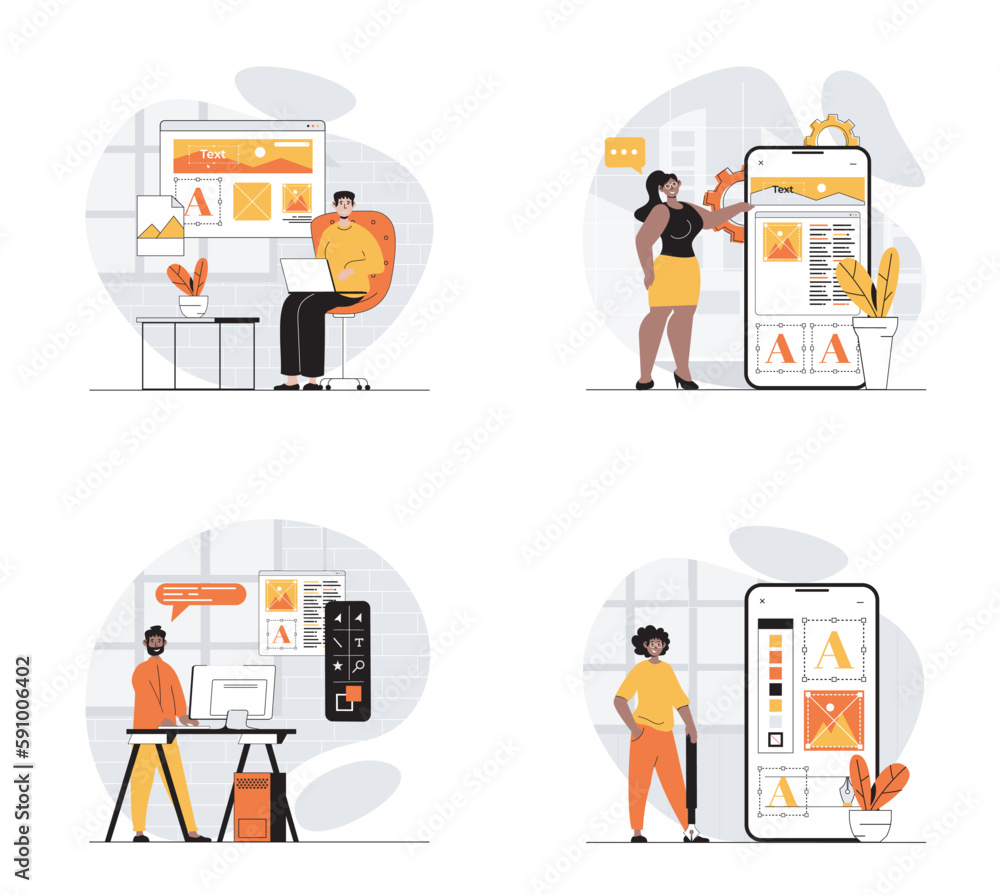App development concept with character set. Collection of scenes people programming mobile ...