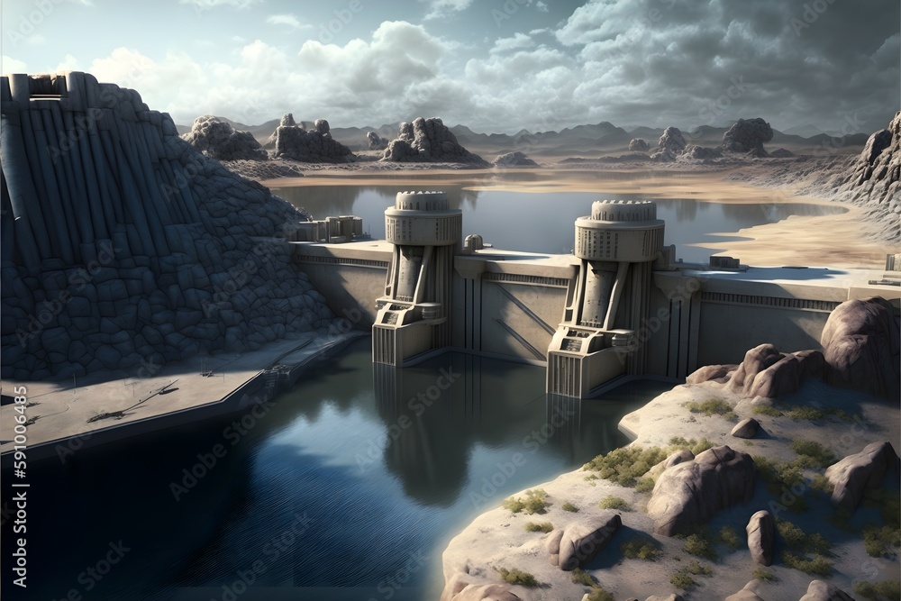 enormous sci fi dam aerial from above long focal length zoom lens ...