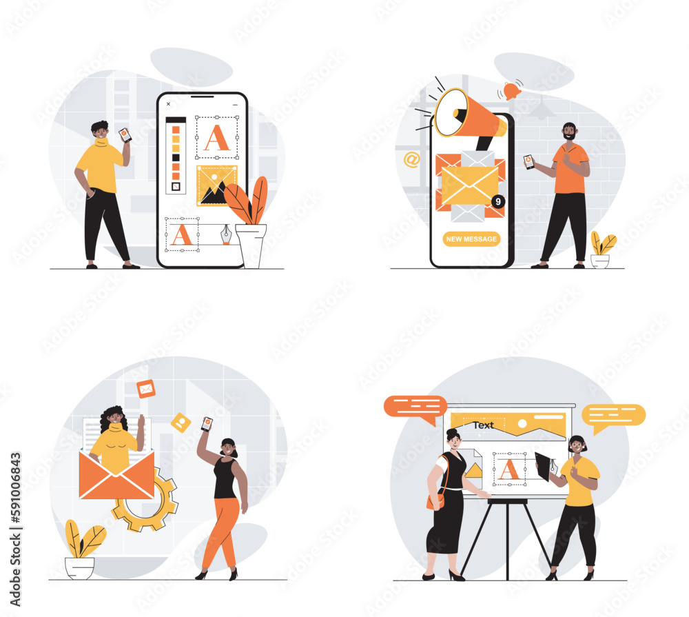 Designer studio concept with character set. Collection of scenes people ...