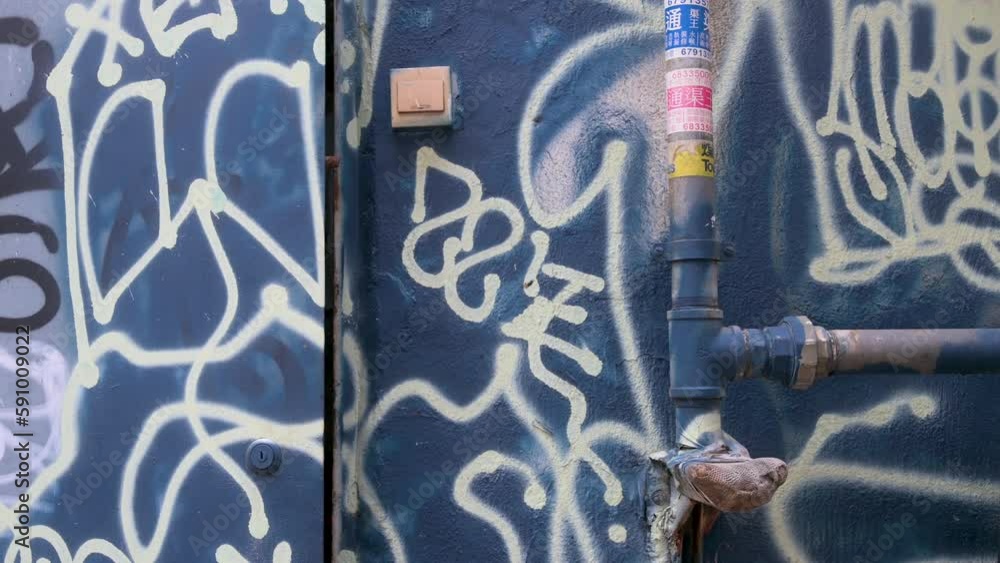 A wall, pipe, and building door located at the back street alley are ...