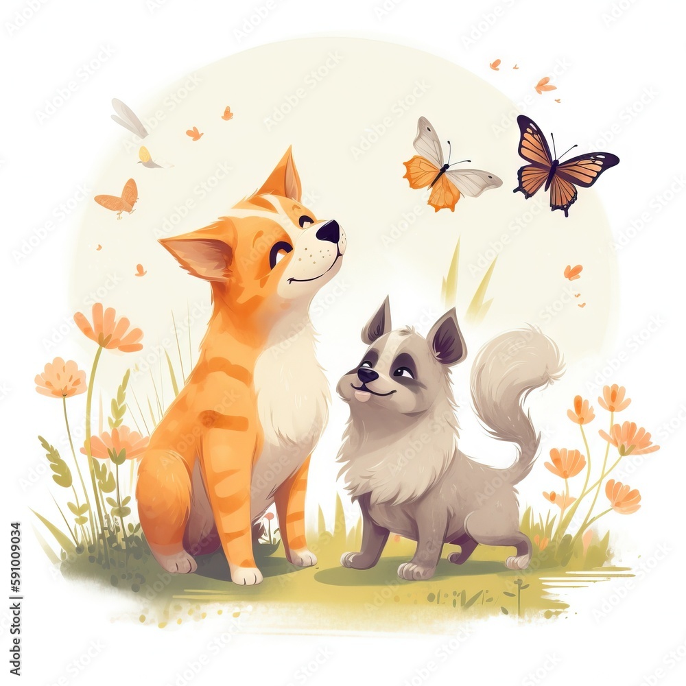 a couple of dogs standing next to each other on a field of flowers and ...