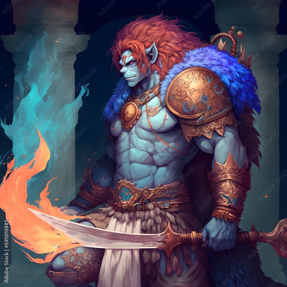 full body picture Greek god with blue skin color with orange eye color ...