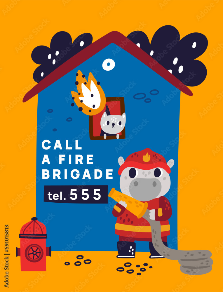 Firefighters card. Cartoon animals extinguish burning house. Hippo ...