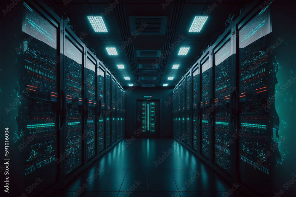 a picture taken from the inside of server room with long corridor ...