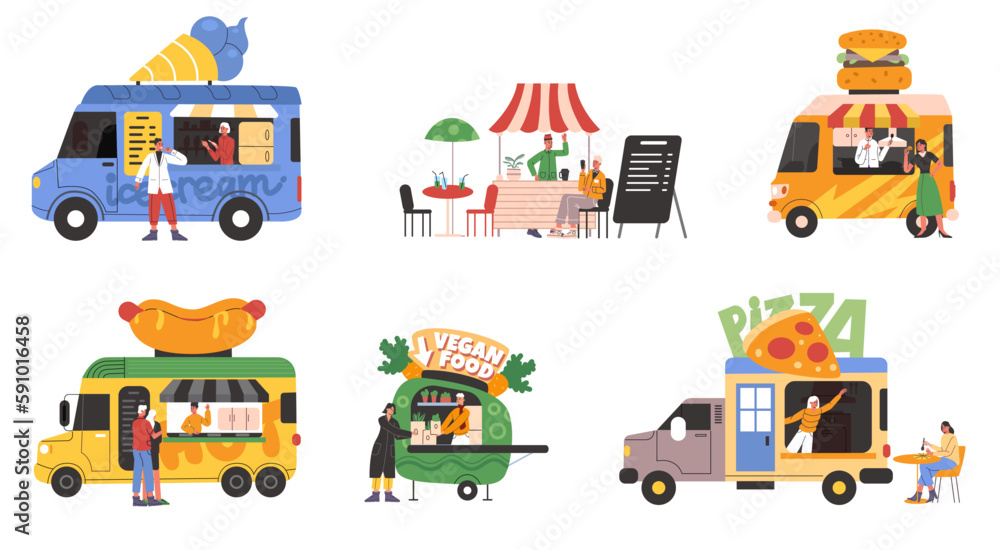 Food trucks. People buy snacks in automobile van cafe. Eateries on ...