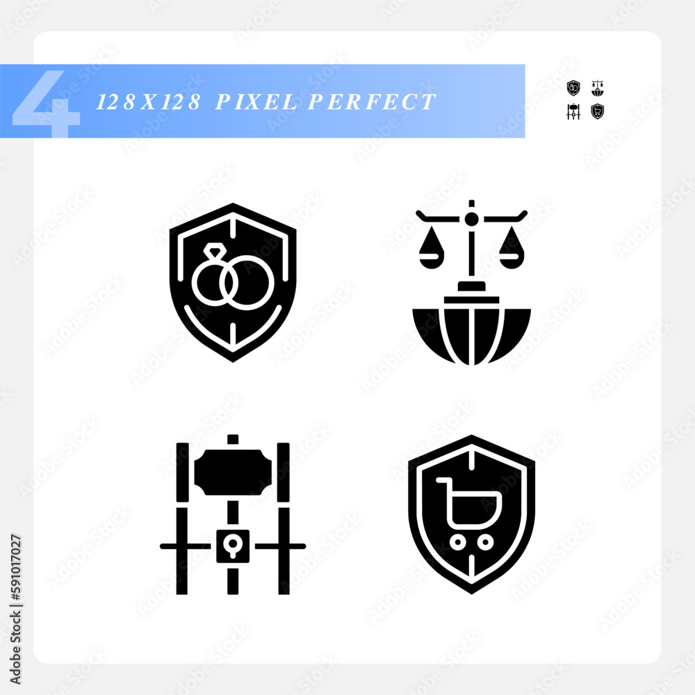 Laws protecting citizens rights pixel perfect black glyph icons set on ...