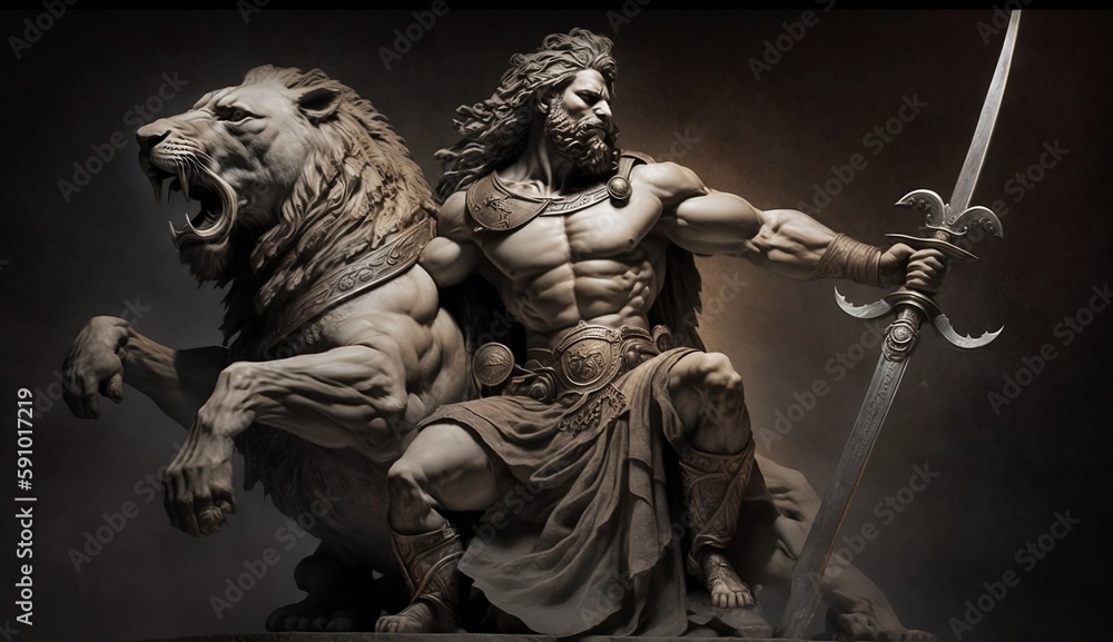 Gladiator holding a sword and a lion statue. Generative AI, Generative ...