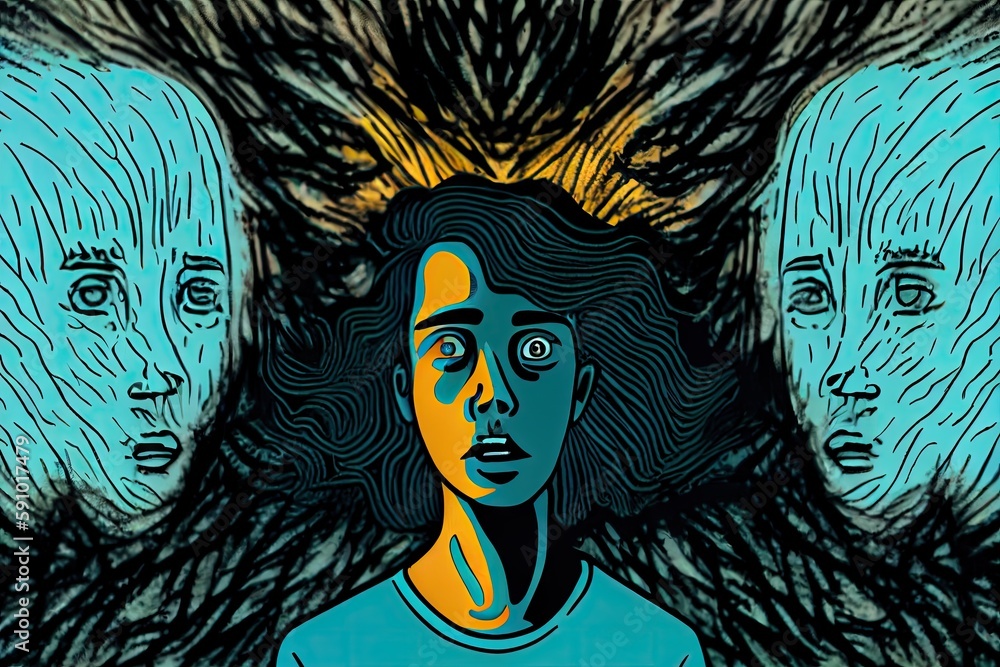 illustration of person with schizophrenia experiencing hallucinations, seeing and hearing things ...
