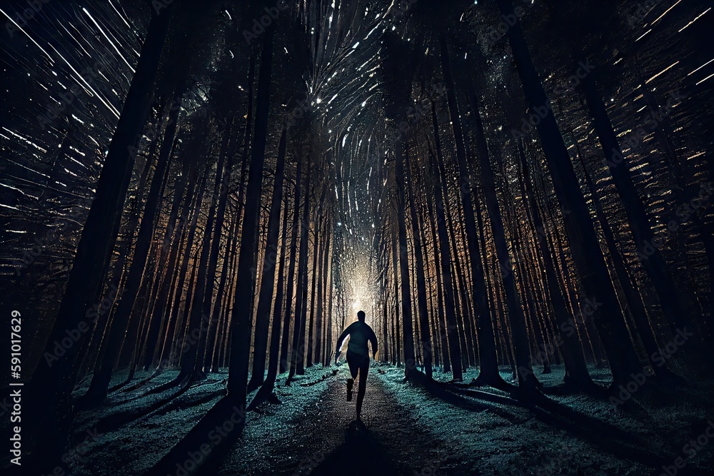 person, running through dark and mysterious forest, with long exposure of the stars shining in ...