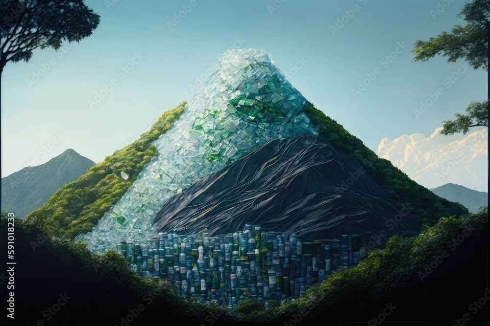 plastic bottle trash mountain, with clear view of the surrounding area ...