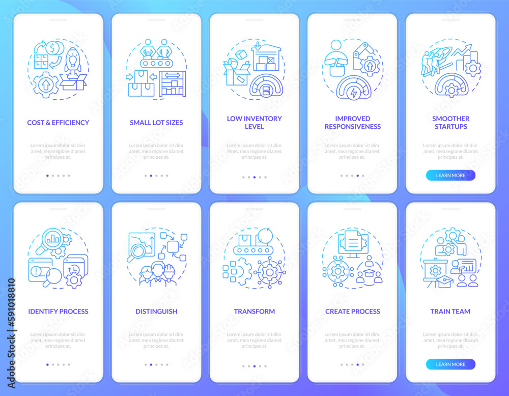 SMED methodology blue gradient onboarding mobile app screen set ...
