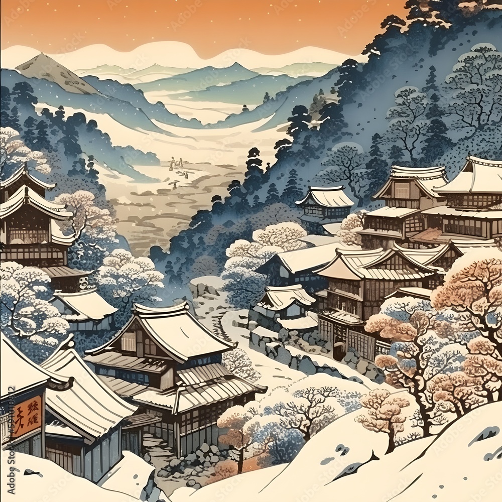 A snowy Japanese village in historic feudal Japan on a snowy day ...