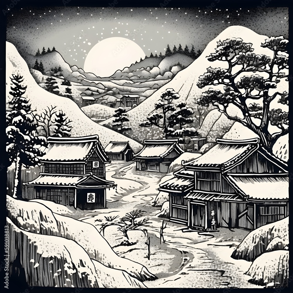 A snowy Japanese village in historic feudal Japan on a moonlit snowy ...