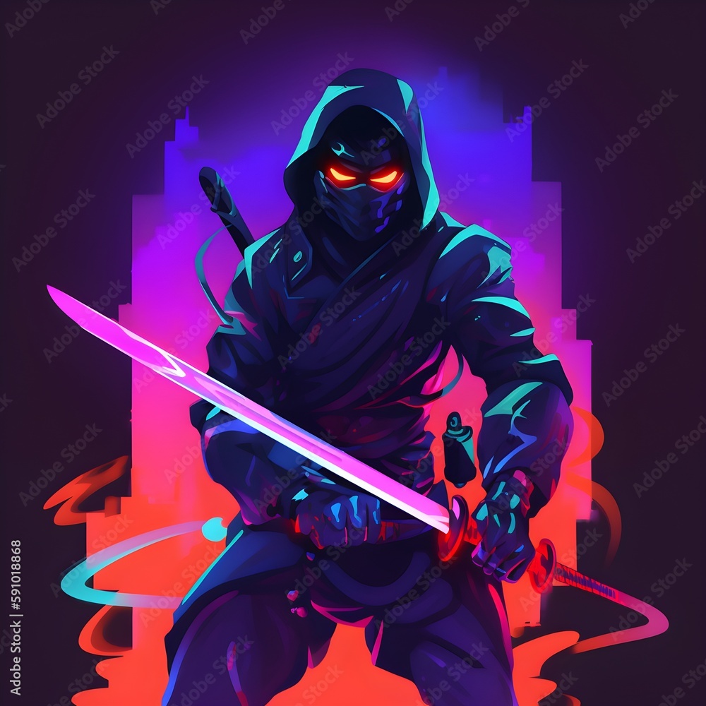 A scary black ninja with red glowing eyes brandishing a silver sword ...