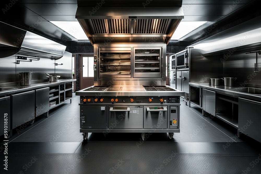 modern restaurant kitchen with sleek and clean design, state-of-the-art ...
