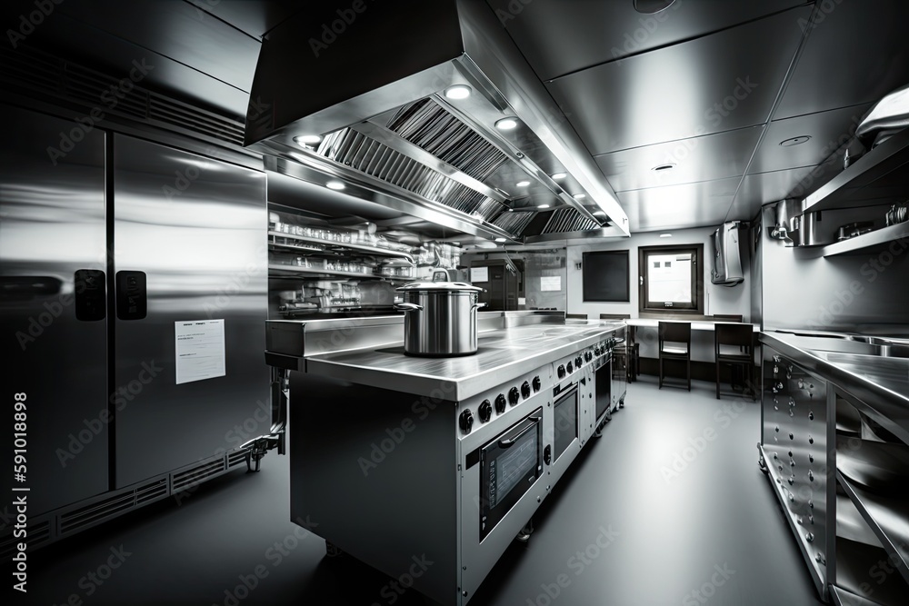 modern restaurant kitchen with sleek and clean design, state-of-the-art ...