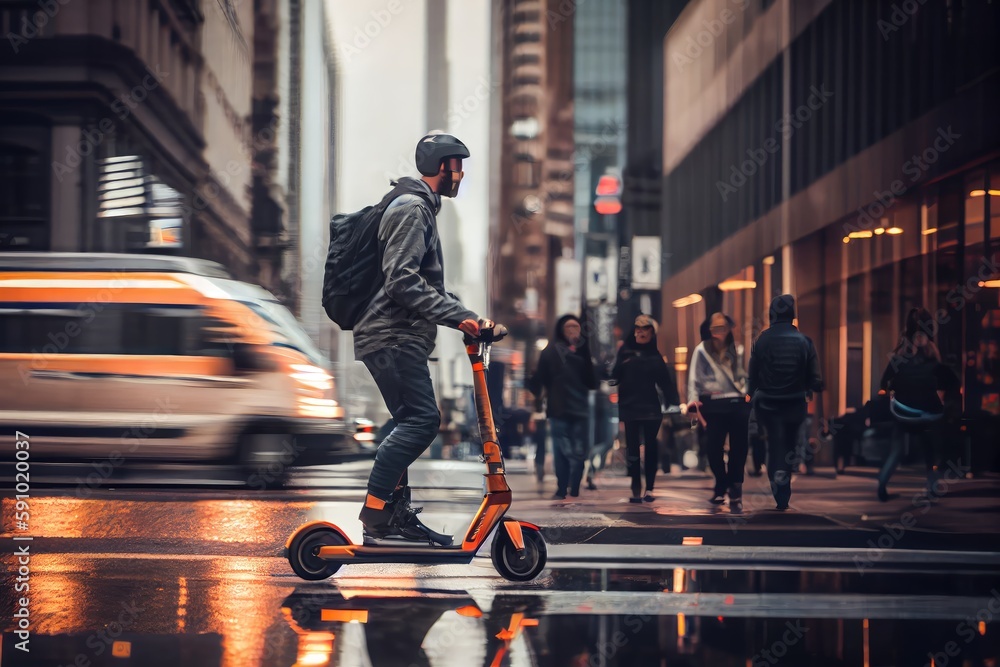 person, riding electric scooter through busy city street, created with ...