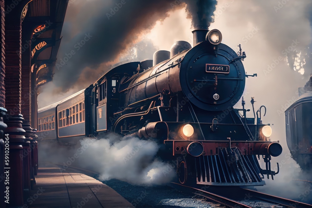classic steam train pulling out of station, with smoke and steam ...