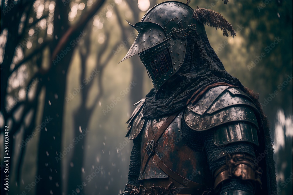 epic shot of a medieval fantasy knight in shiny gothic armour raining ...