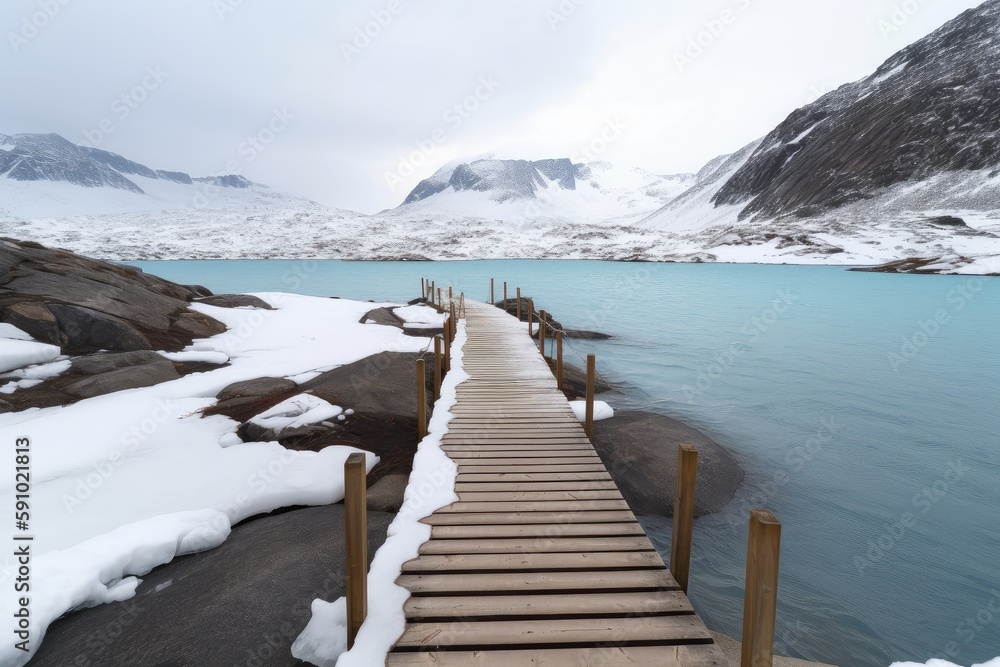 freezing fiord with boardwalk and wooden steps leading down to glacial ...
