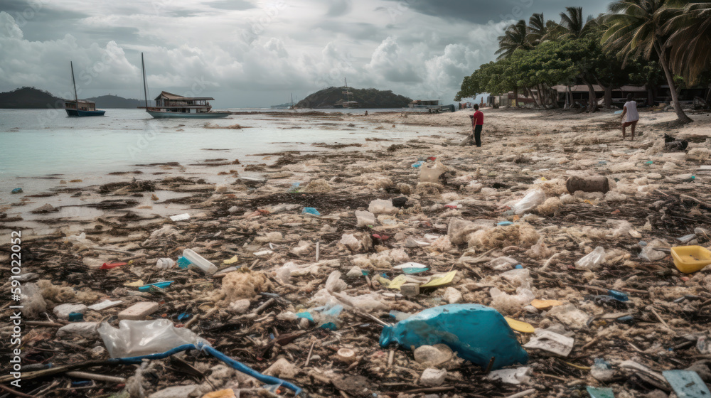 Paradise Lost: Tropical Beach Littered with Trash Washed Ashore, Ocean ...