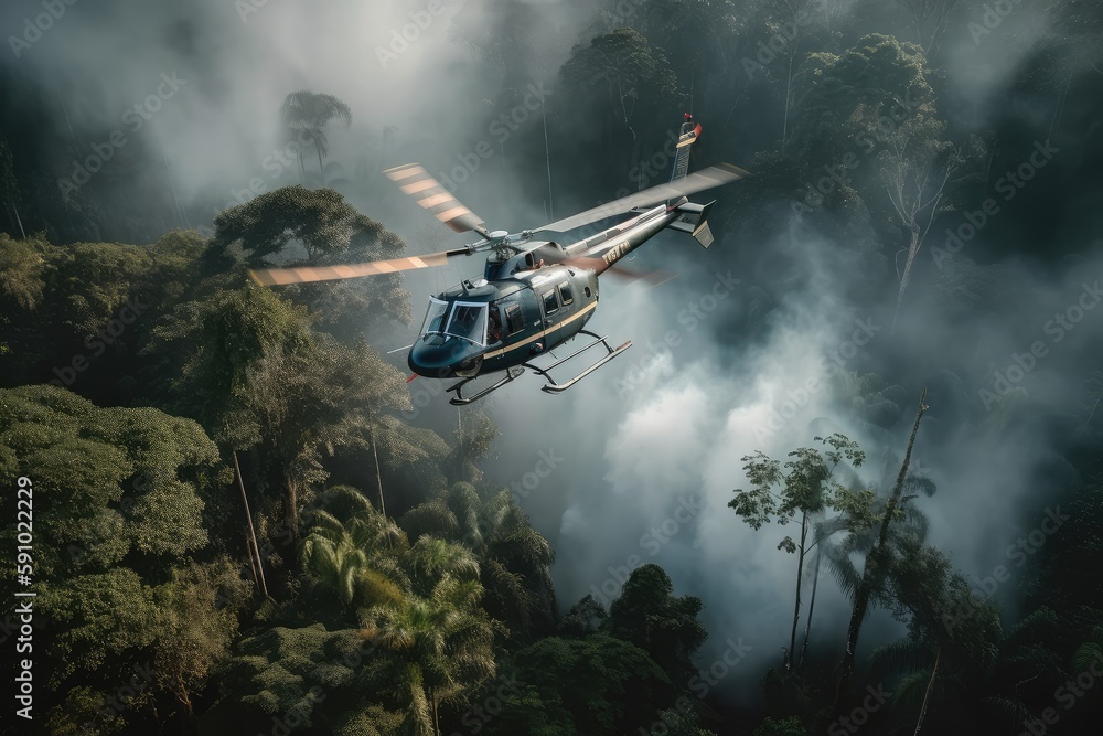 helicopter flying over dense jungle, with smoke rising from below ...