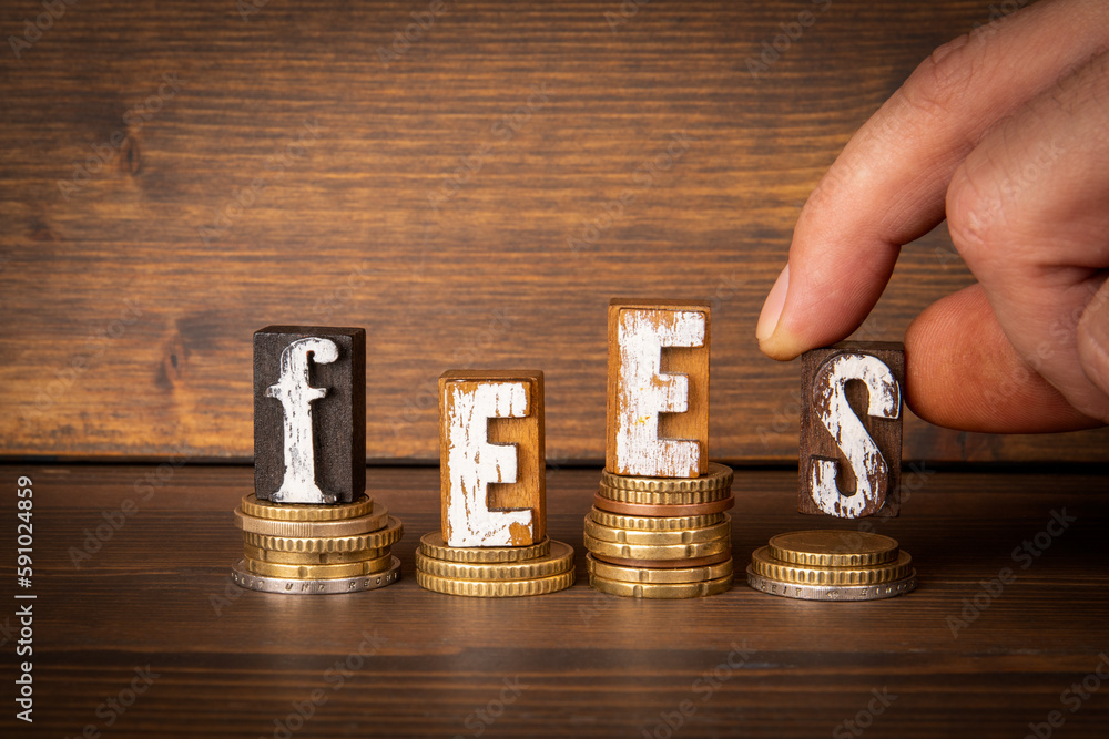 FEES Concept. Alphabet letters and change on wooden texture background ...