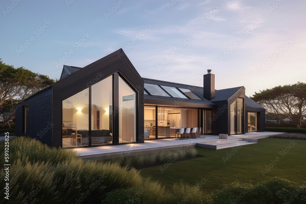 modern cape cod house with sleek exterior, minimalist design elements ...