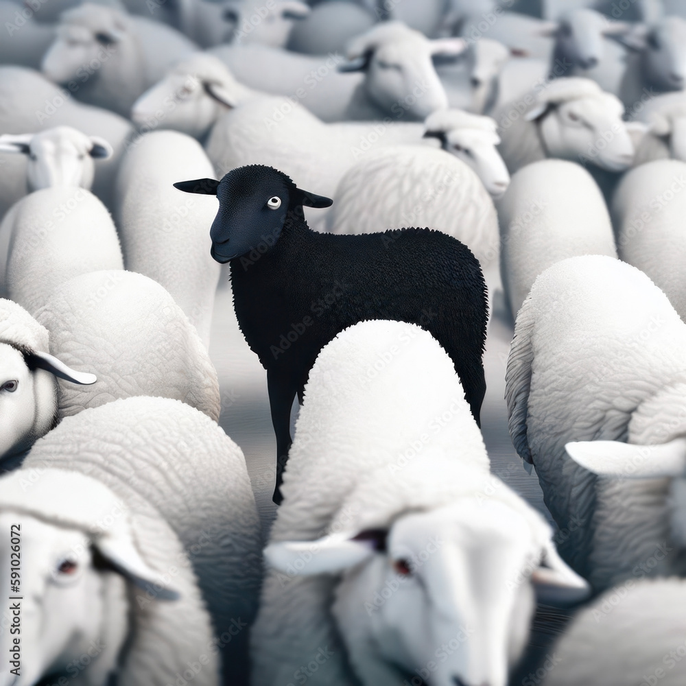 A flock of white sheep with a black sheep in the middle, generative ai ...