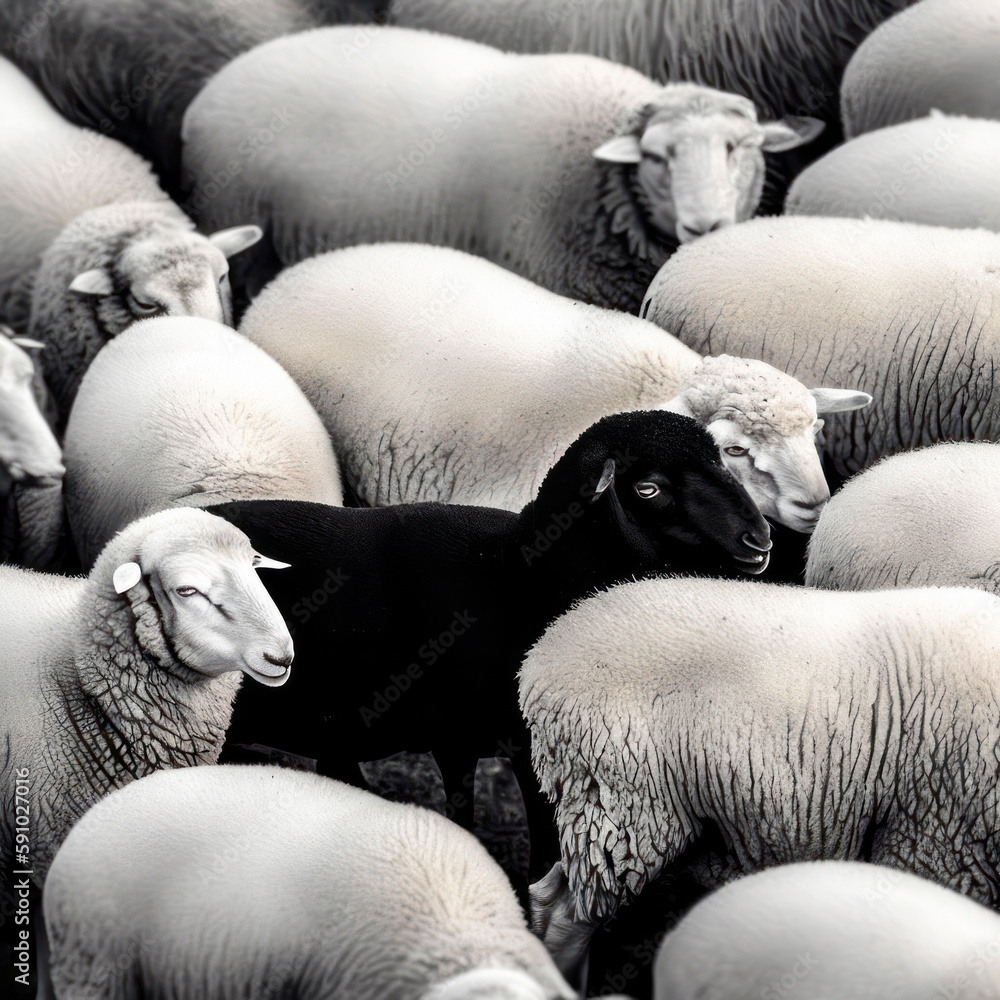 A flock of white sheep with a black sheep in the middle, generative ai ...