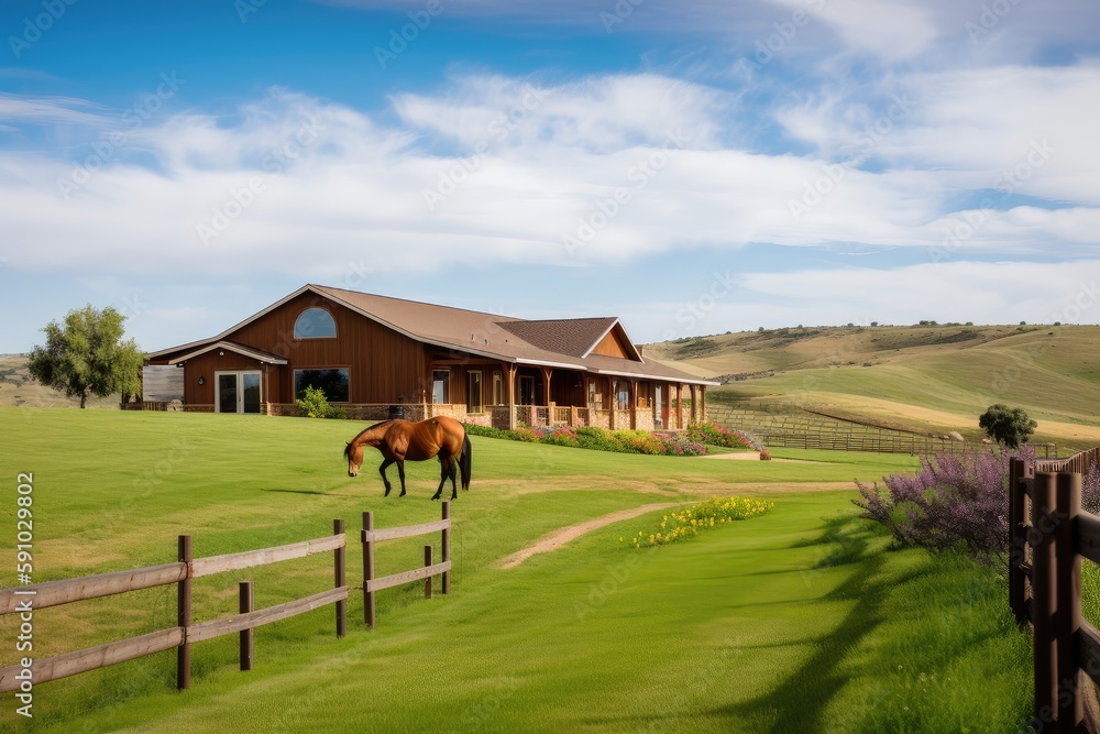 ranch house exterior, with view of rolling hills and pastures filled ...