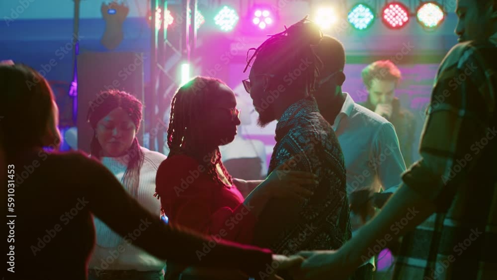 Happy couple dancing on slow music, enjoying romantic moment on dance ...