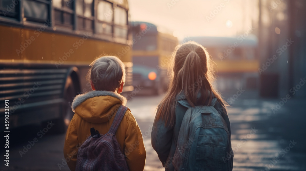 ภาพประกอบสต็อก Back view of group of schoolchildren standing with ...