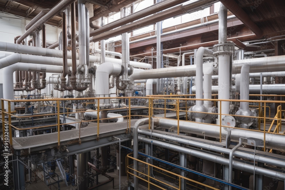 process plant, with pipes and valves bringing raw materials in, and ...