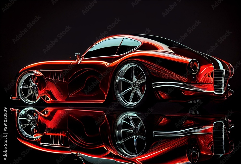 a red car with chrome wheels and a shiny body and hood is shown in a ...