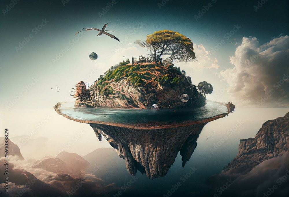 Flying fantasy island, land floating in the sky, fantasy world ...