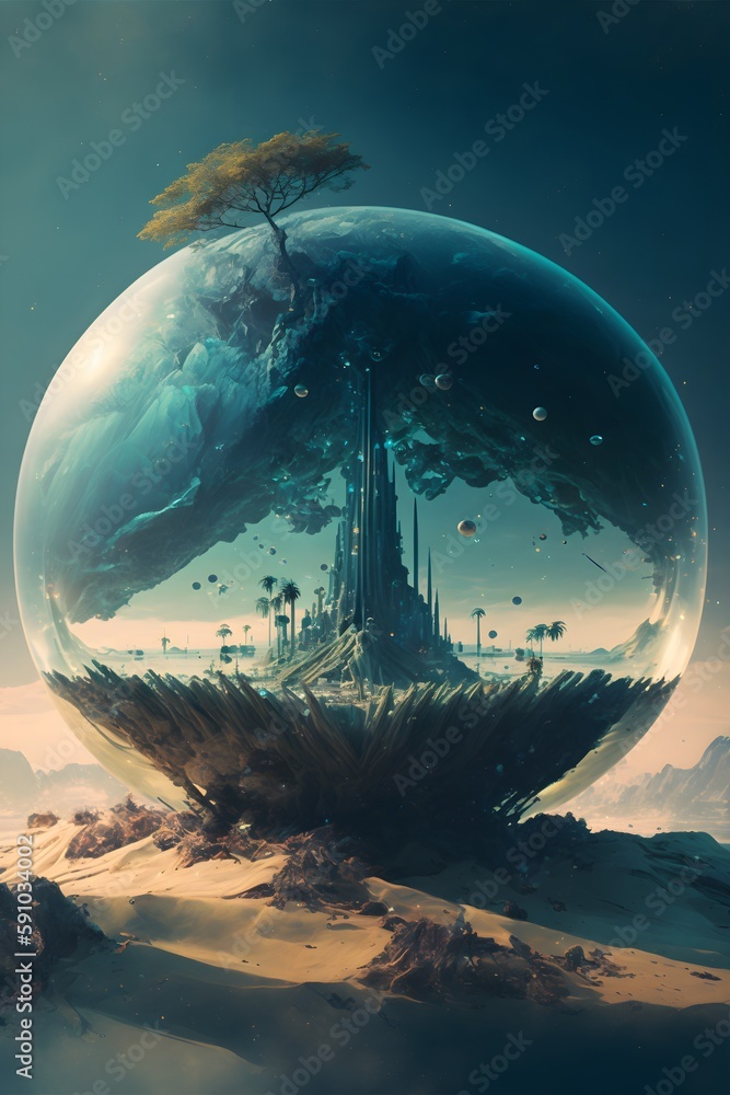 triple exposure futuristic planet landscape alien water sand islands ...