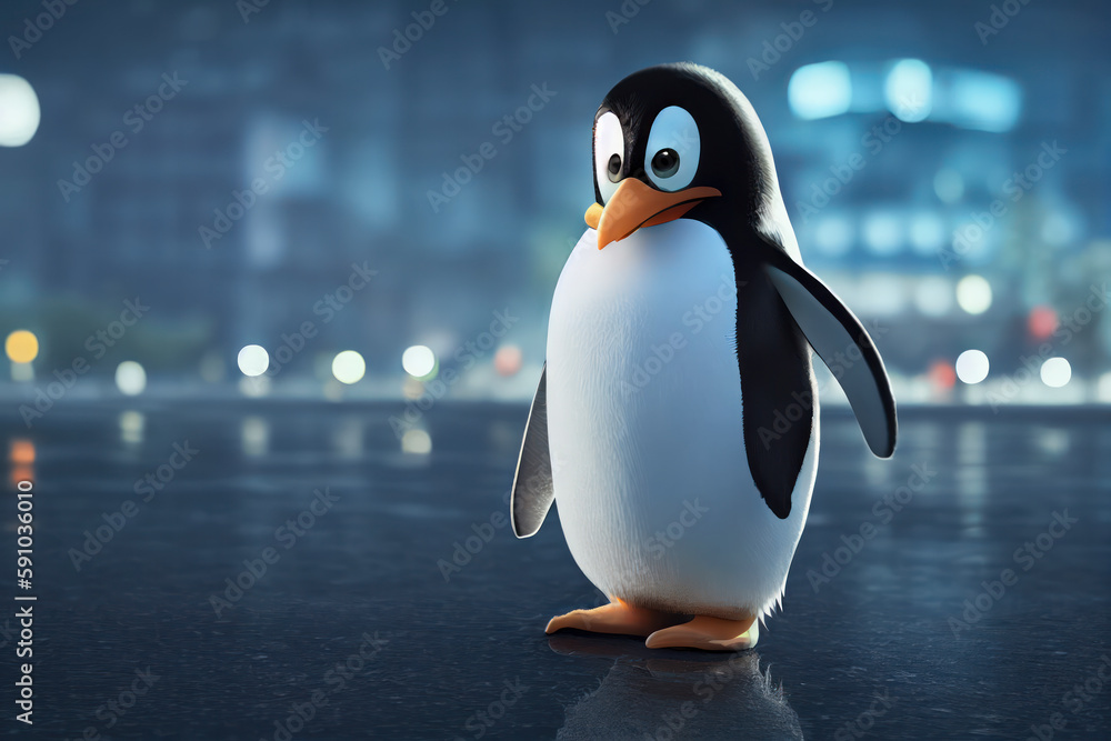 Cartoon style penguin walking with wings spread on the snow, generative ...