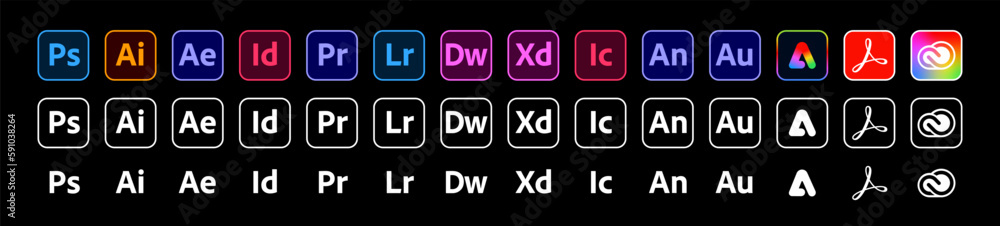 Adobe product. Logotype set of adobe products: adobe, illustrator ... Adobe product. Logotype set of adobe products: adobe, illustrator ...