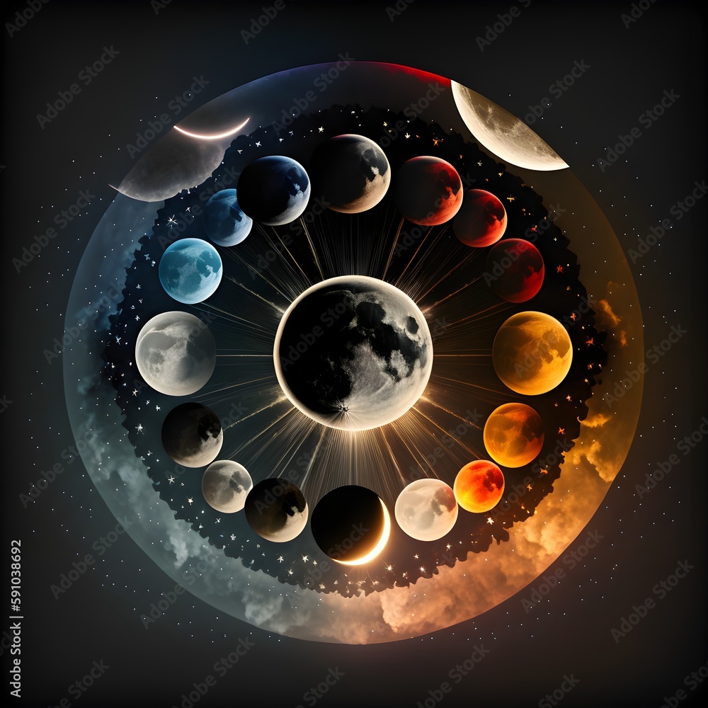 nine mon phases describing an arc in the night sky showing every moon ...