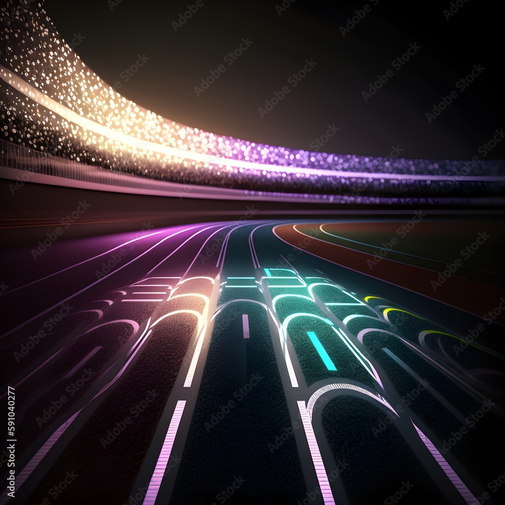 track finish line and race stadium illuminated at night in RGB color ...