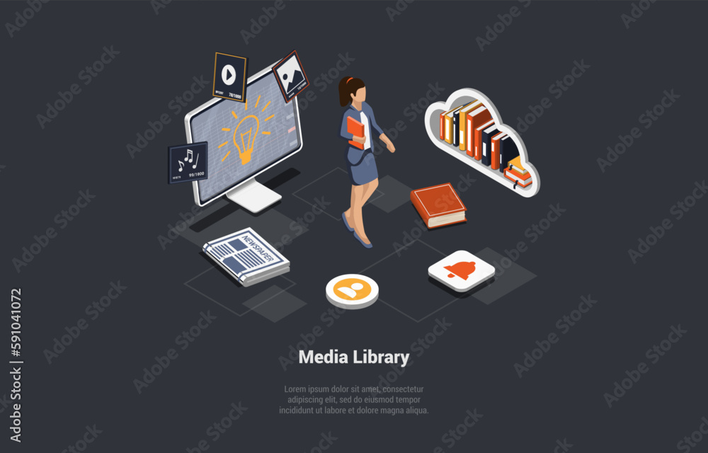 Self Education And Media Library. Girl Take A Book In Electronic ...