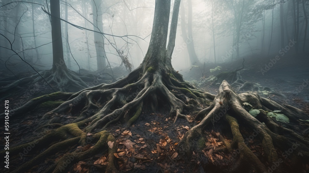 a very large tree with very large roots in a foggy forest with lots of ...
