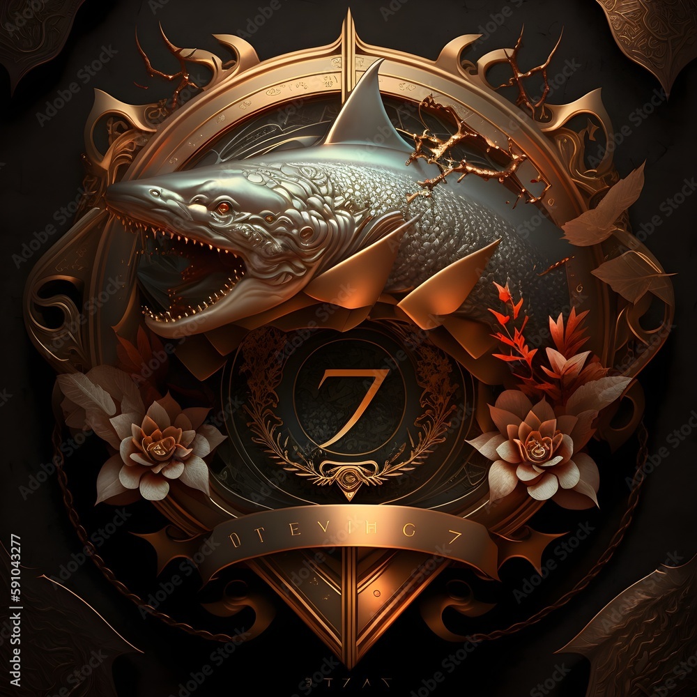 a coat of arms with a copper shark and a wombat emblazoned with the ...