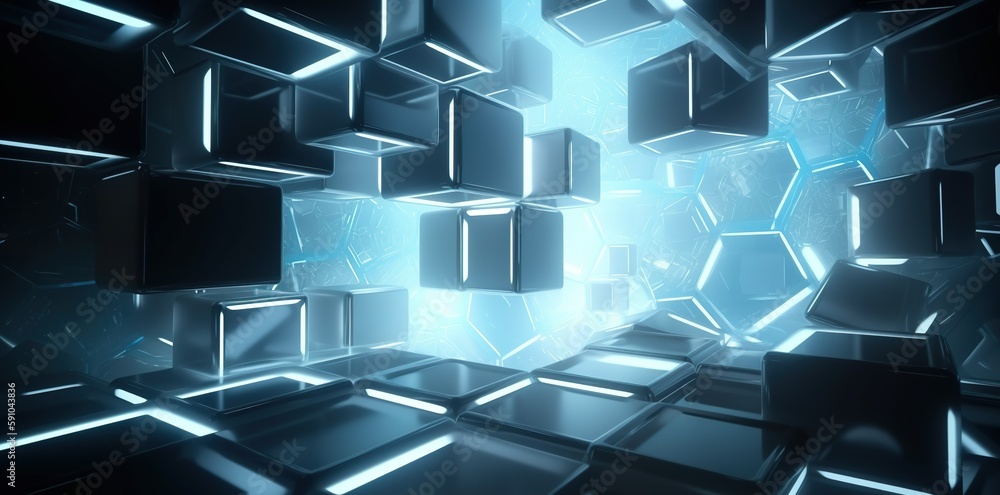 3d glowing cubes in air abstract rotating in a city night loop blue ...