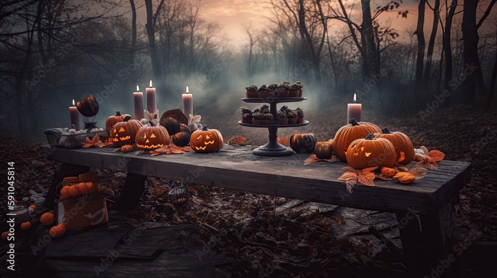 terrifying background. Halloween table with melons in a scary forest ...