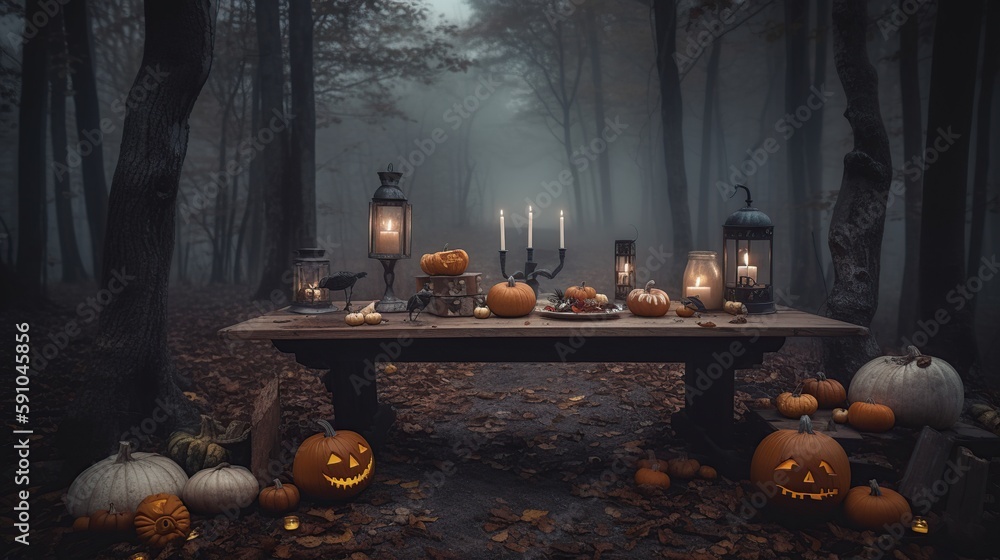terrifying background. Halloween table with melons in a scary forest ...